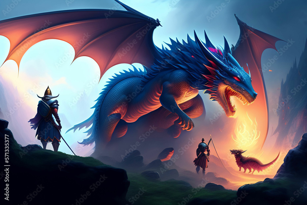 Fire breathes explode from a giant dragon in a black night, the epic ...
