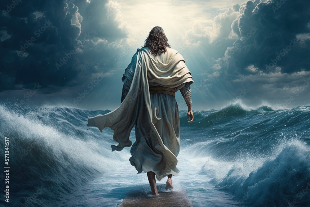 Jesus Christ walks on water. Generative AI. Stock Illustration | Adobe ...