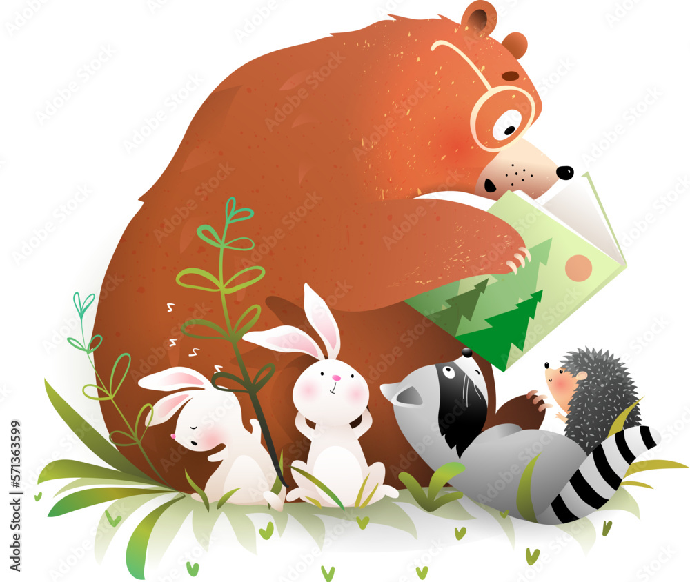 Bear reading a book to animals bunny and raccoon. Cute animals reading ...