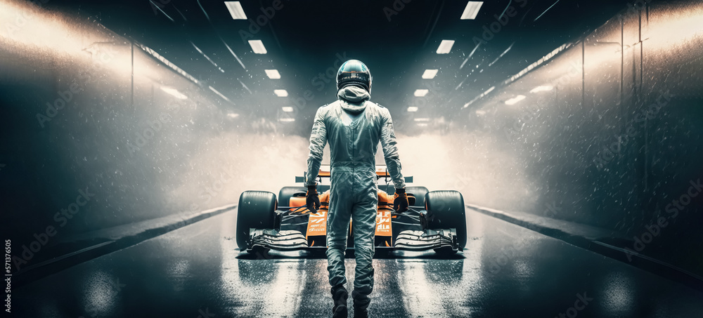 formula one racing driver before start of competition on track. Banner ...
