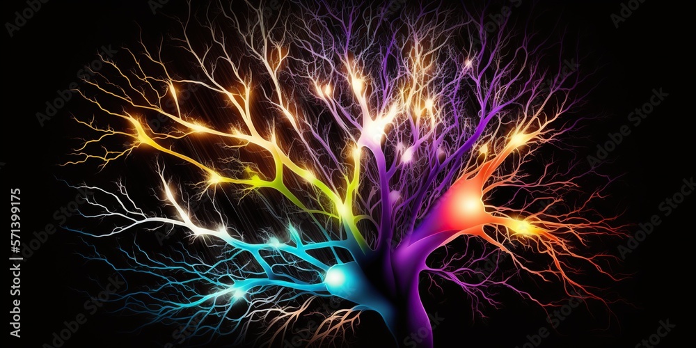 Abstract representation of colorful neurons connecting and firing in ...
