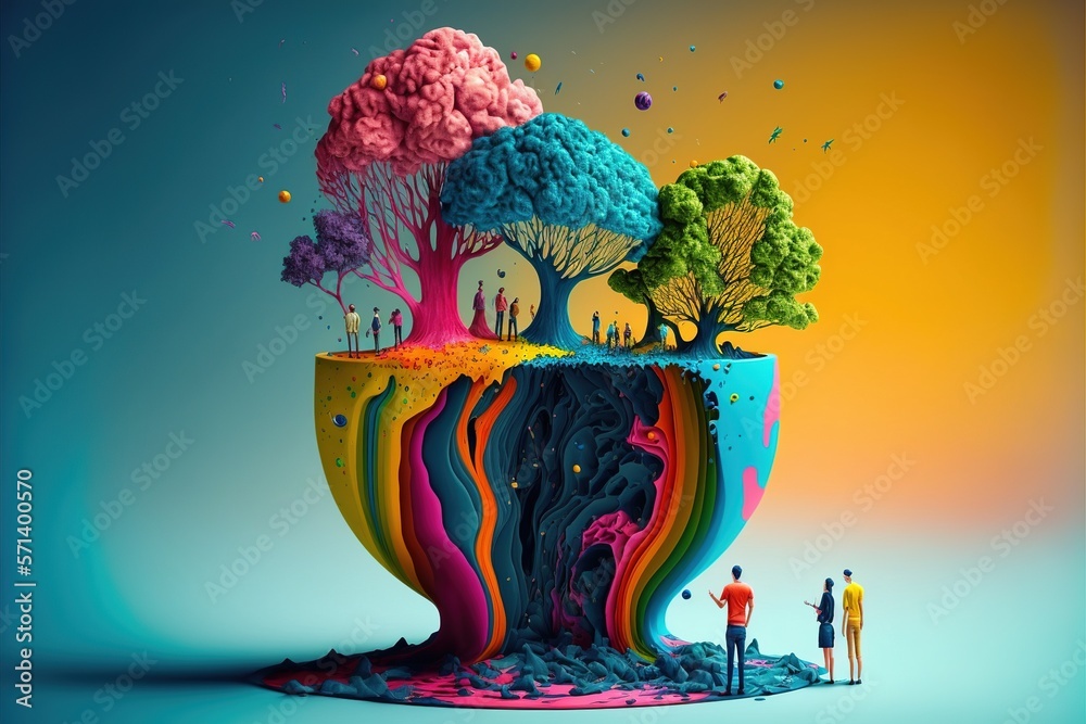 colored trees in a world of spilled liquid paint, concept of pollution ...