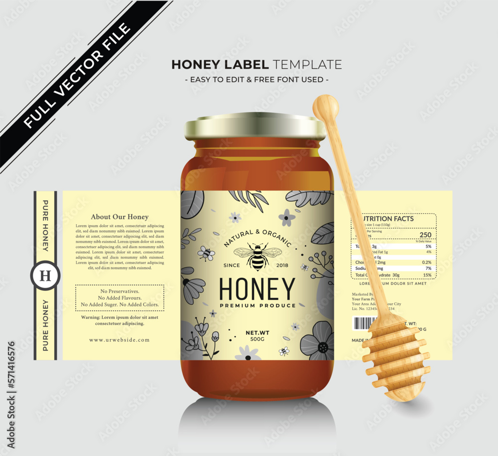 Honey design and natural honey label with honey vector new honey jar ...