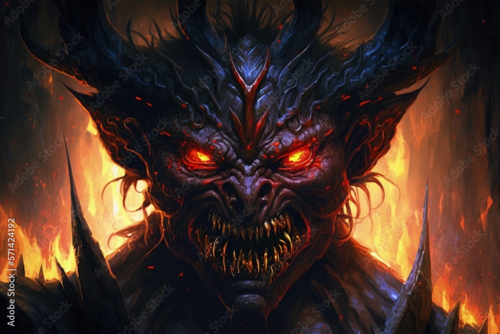 Illustration of a hellish demon creature with blazing eyes standing ...