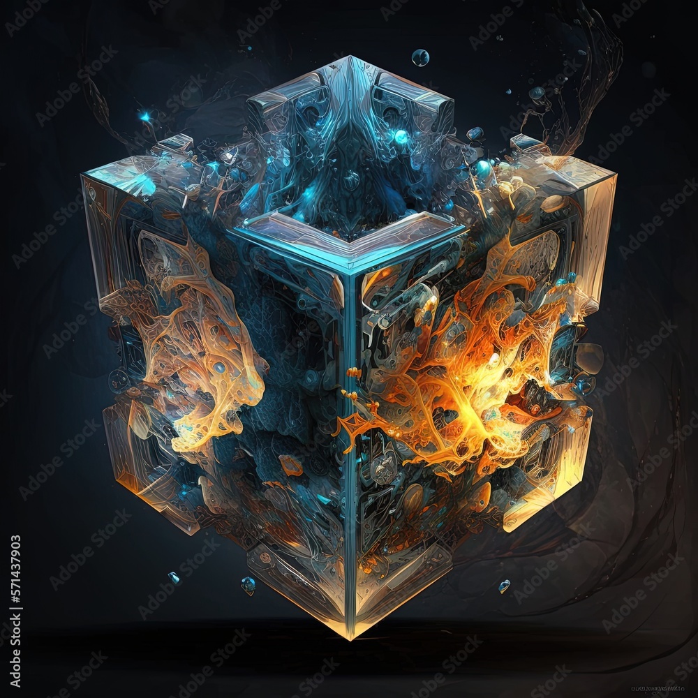tesseract with fractal design in order and chaos. Abstract multiverse ...