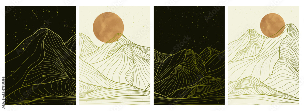 Hand drawn style of creative minimalist modern line art print on set. Abstract mountain ...