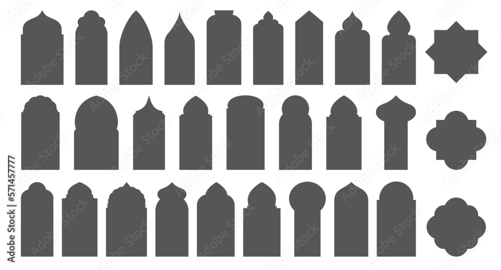 Islamic doors and arabian windows set. Mosque islamic frames. Muslim ...