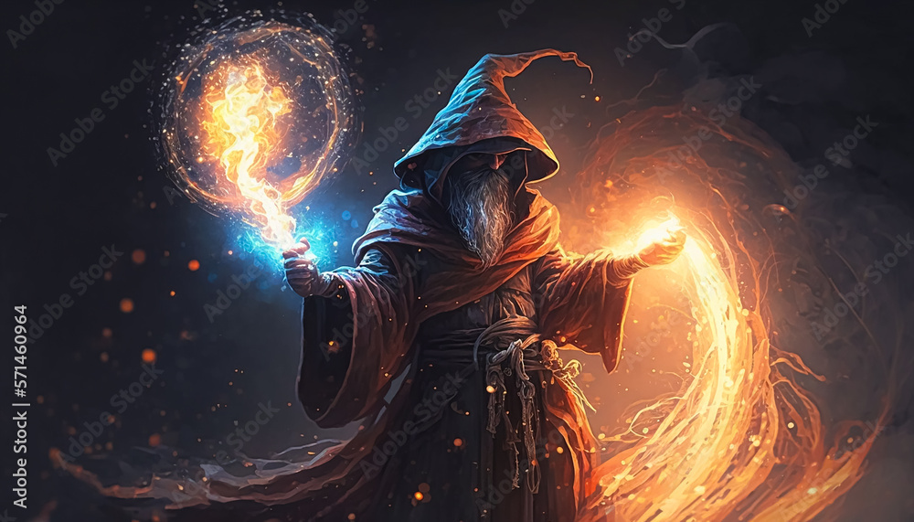wizard casting fireball. Generative AI Stock Illustration | Adobe Stock