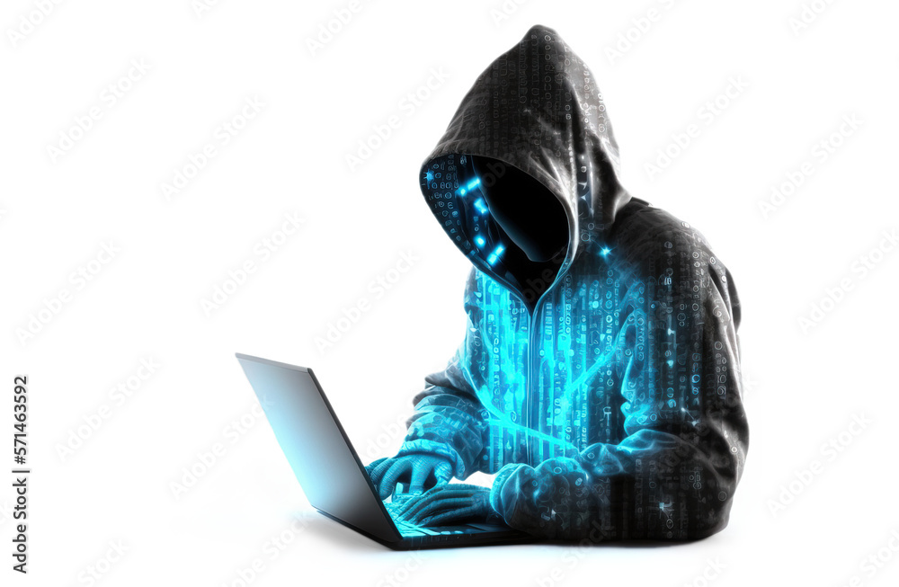 hacker in hoodie and mask that hides his face works at laptop. PNG ...
