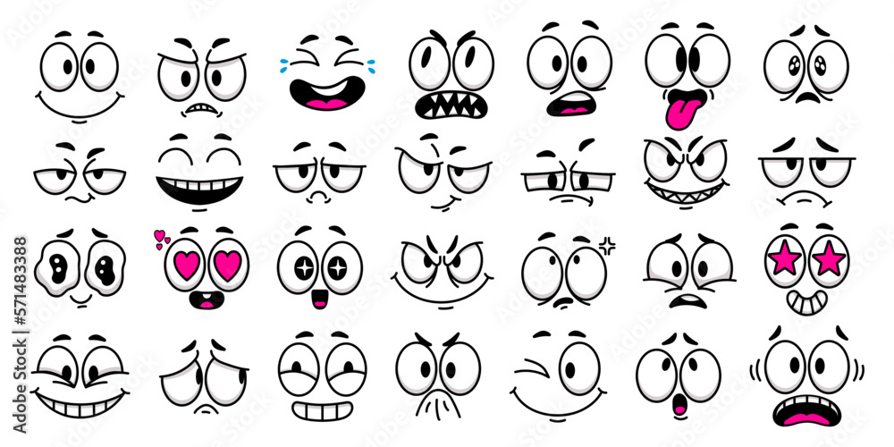 Cartoon faces. Facial expressions for retro old style characters or ...