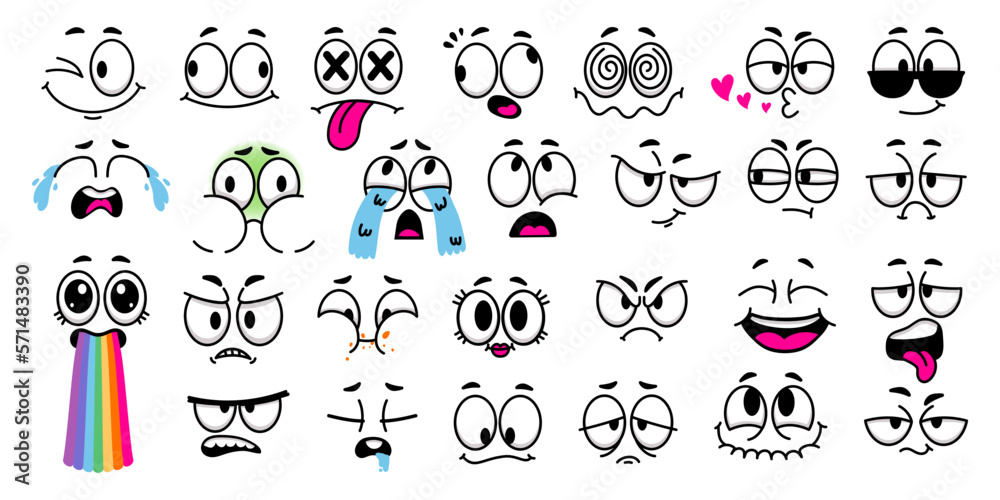 Cartoon facial expressions. Comic faces with caricature eyes, doodle ...