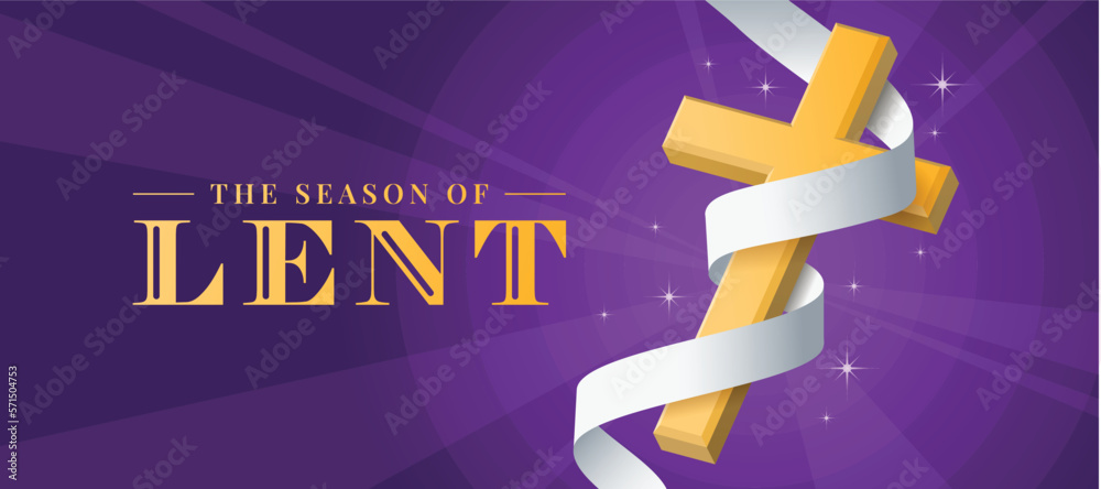 The season of Lent - Gold 3D cross crucifix with white cloth ribbon ...