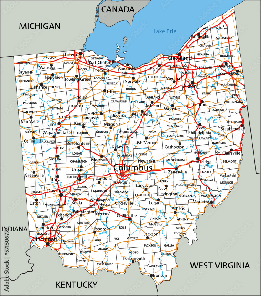 High detailed Ohio road map with labeling. Stock Vector | Adobe Stock