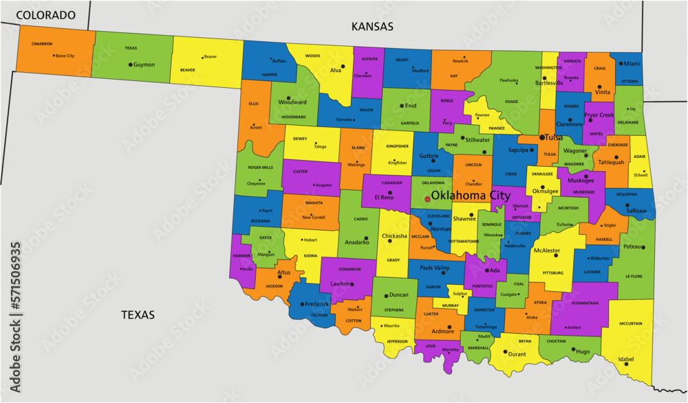 Colorful Oklahoma political map with clearly labeled, separated layers ...