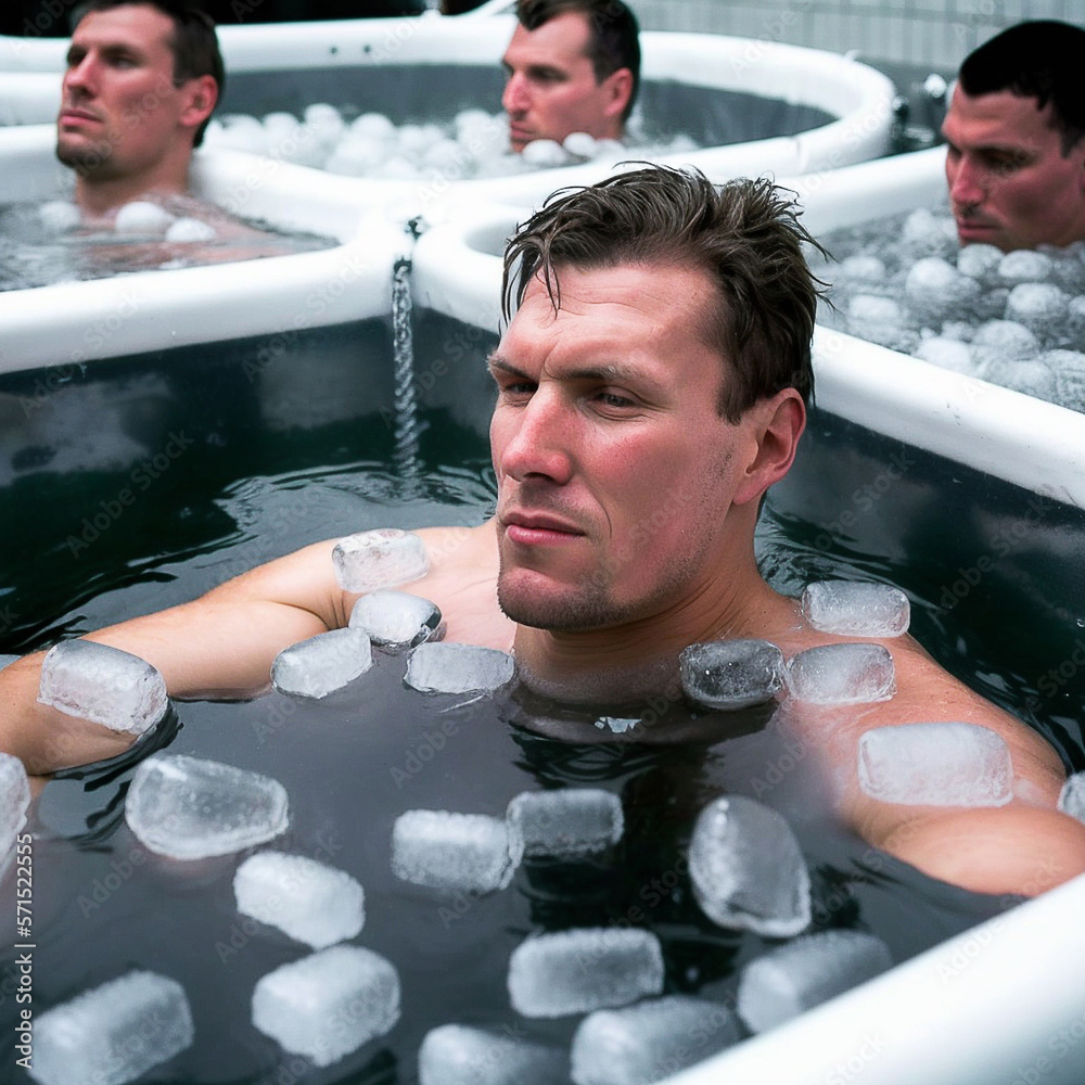 Close-Up Shot of a Man Fully Immersed in Ice Bath, Surrounded by Clear ...