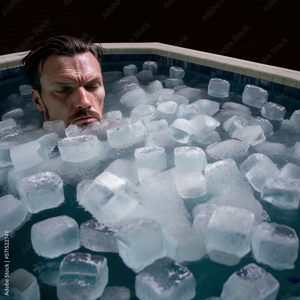 Close-Up Shot of a Man Fully Immersed in Ice Bath, Surrounded by Clear ...