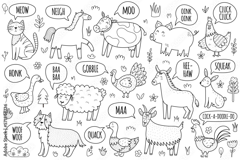 Black and white farm animals saying sounds like moo, oink, baa, cluck ...
