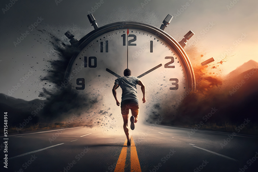 The runner runs to a giant watch in the desert. Race against time ...