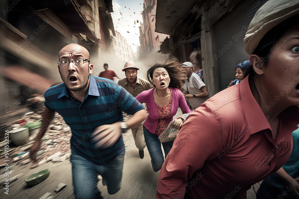 AI generated a frightened crowd of people run from an earthquake or ...