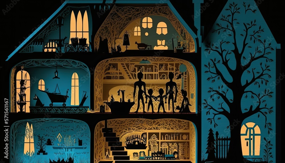 haunted house cross section with multiple rooms, sculls and treasure ...