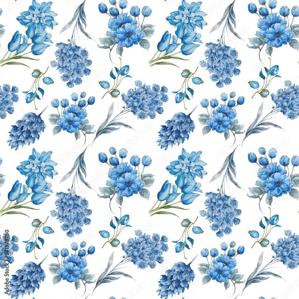 Dutch watercolor seamless pattern. delft blue motifs. Blue seamless ...