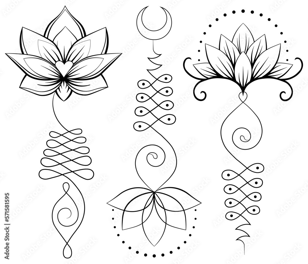 Line art set of lotus and sacred geometry. Unalome symbol. Yoga ...
