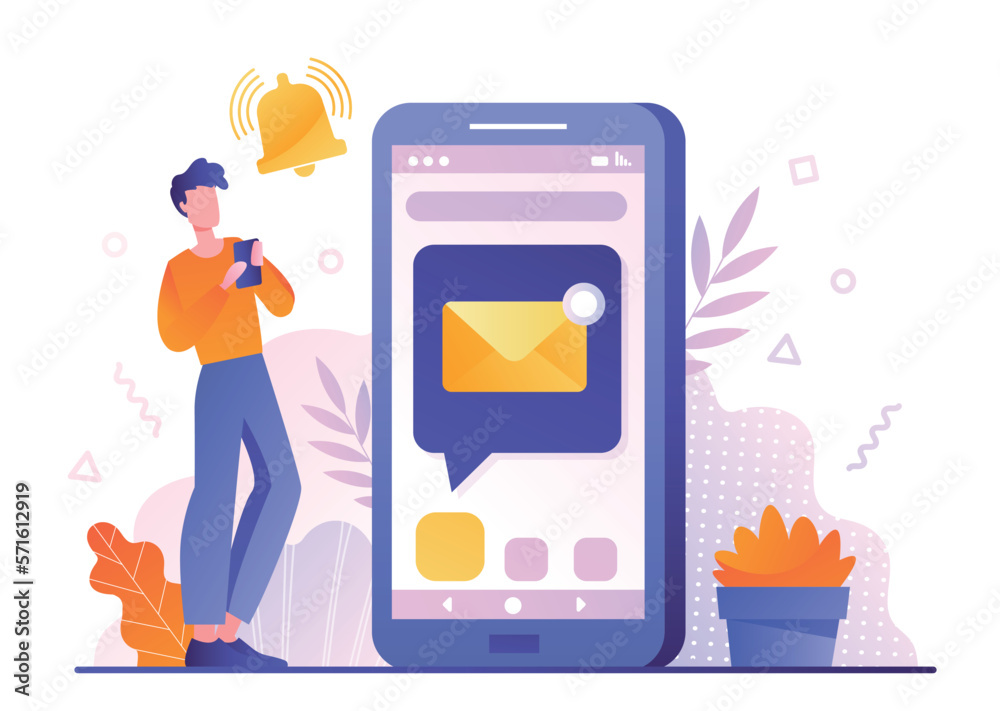 Man with message concept. Young guy with smartphone communicates on ...