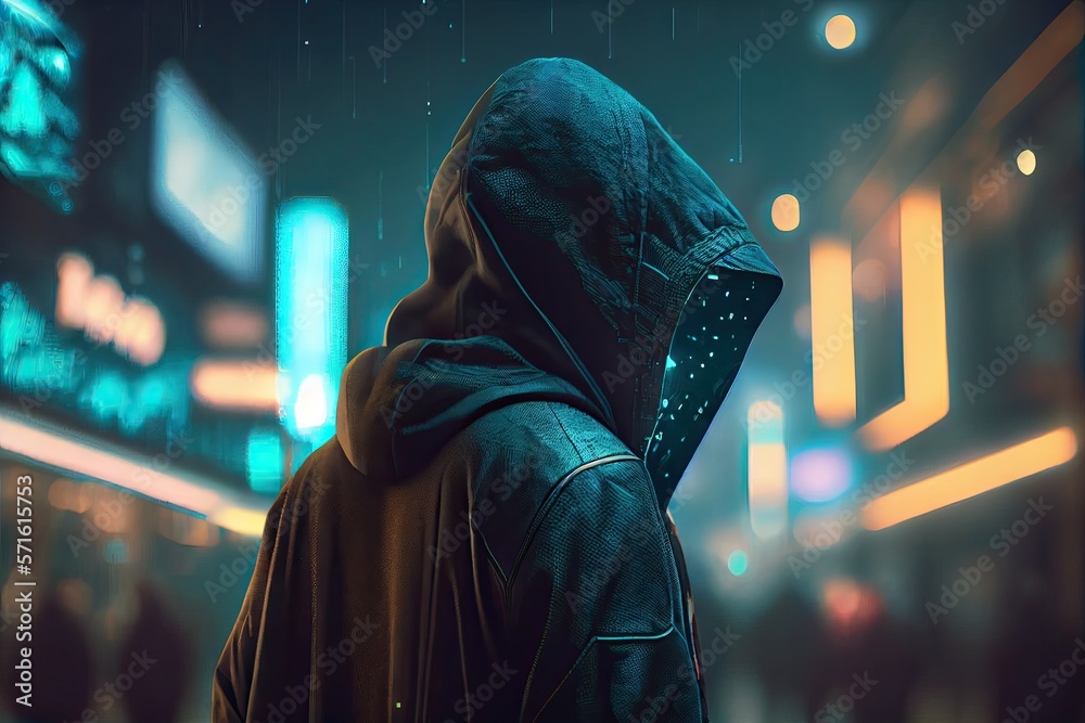Person in hoodie in city of future, cyberpunk background. Man wearing ...
