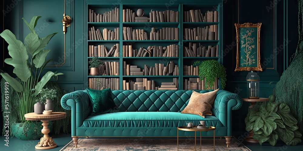 Modern design, botanic living room interior with cozy, beige sofa ...