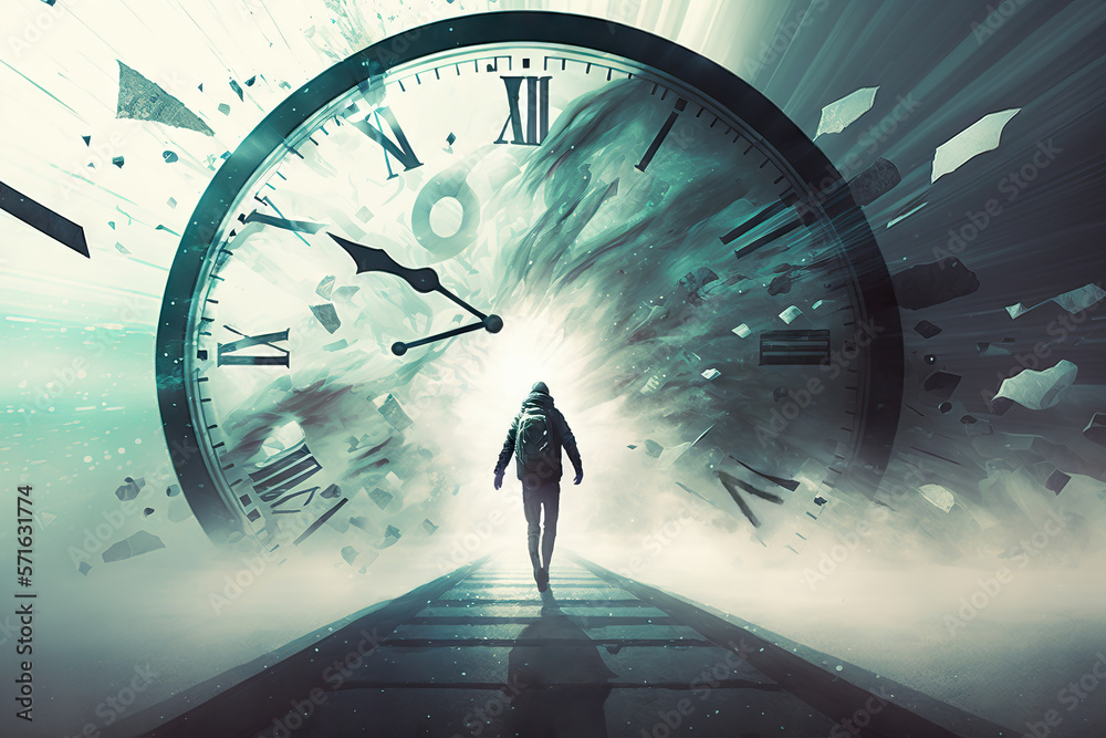 Modern man with backpack run to surrealistic clock, giant clock with a ...
