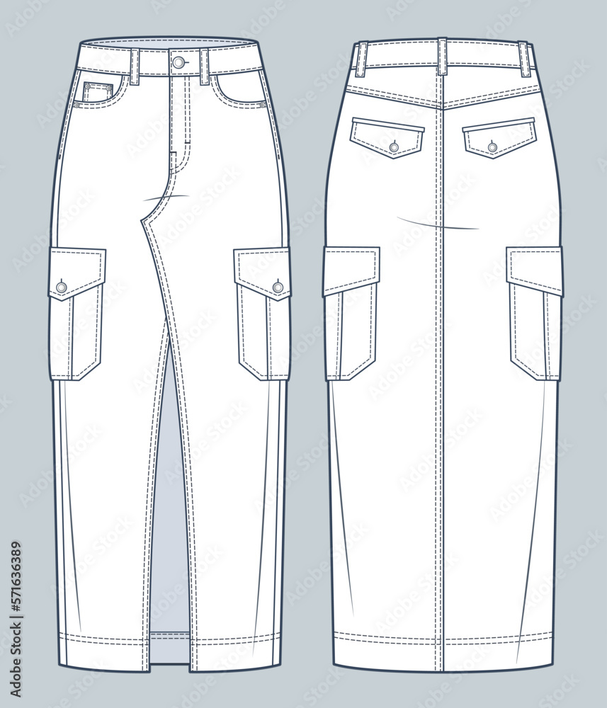 Maxi Skirt technical fashion illustration. Denim Skirt fashion flat ...