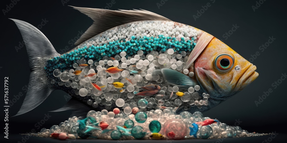 Sea plastic pollution and fish. Seafood is contaminated by ...