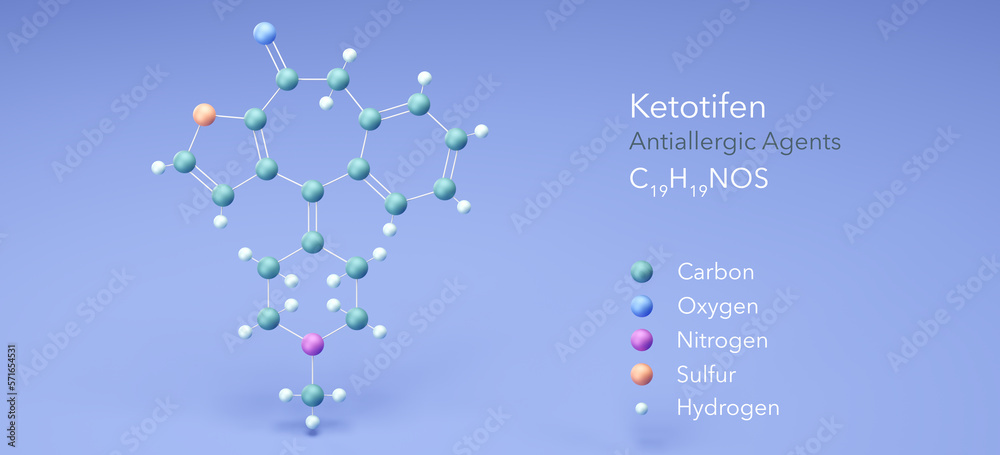 ketotifen molecule, molecular structures, antiallergic agents, 3d model ...