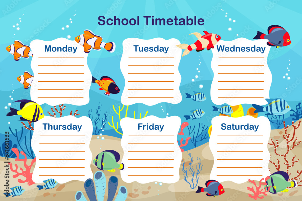 เวกเตอร์ Stock School timetable sea theme design fish corals vector ...