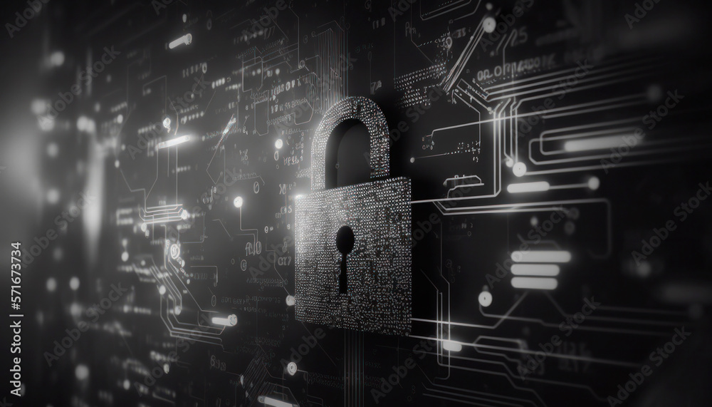 Stealth black and white cyber security padlock concept, technology ...