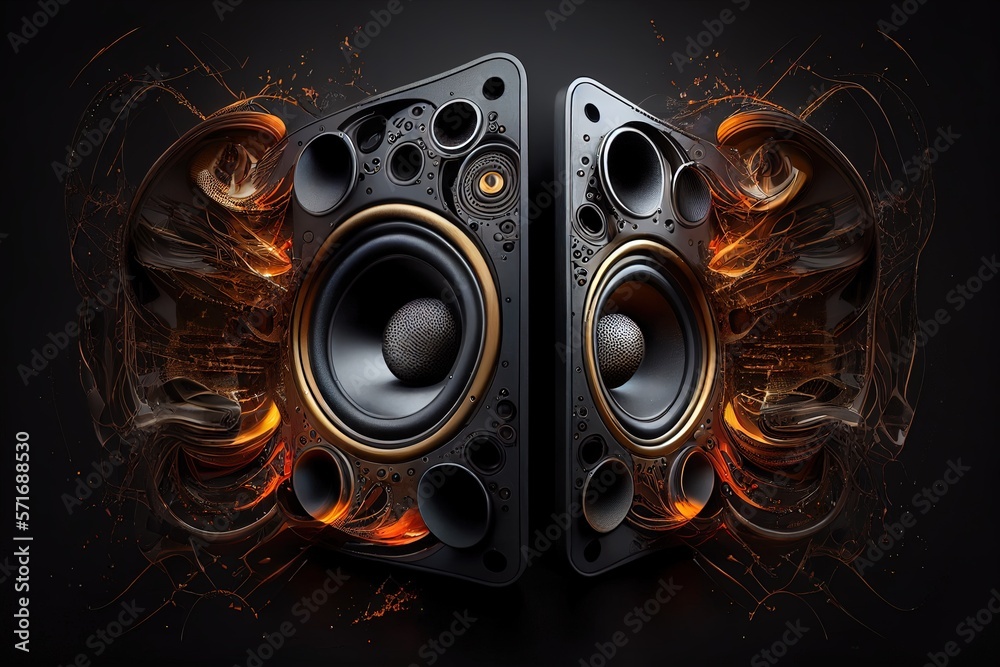 Two stereo speakers with graphic effects on dark background with ...