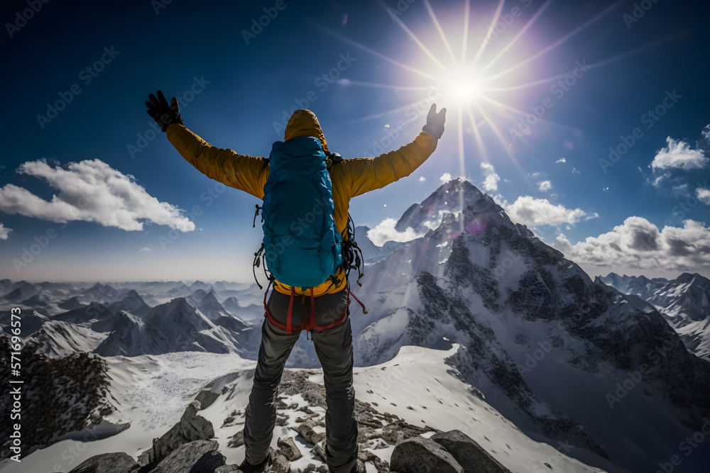 Active hiker enjoying the view, conquered the summit joyful raised arms ...