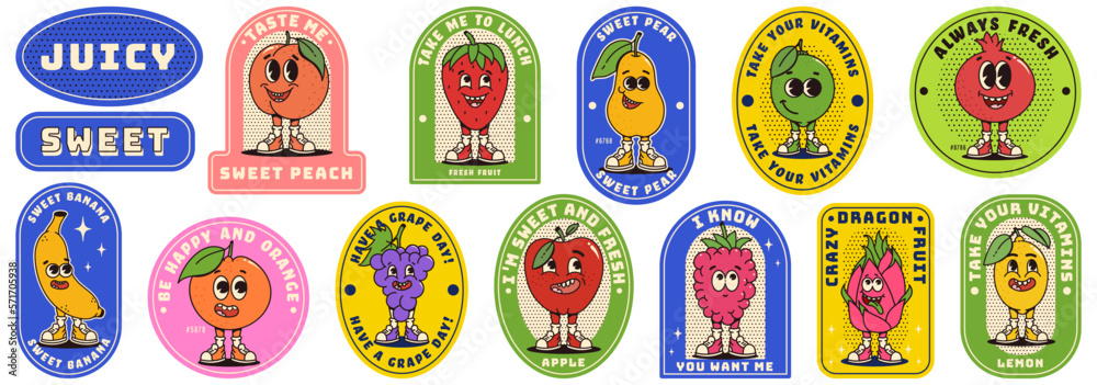 Retro labels with trendy groovy fruits. Modern patches with retro ...