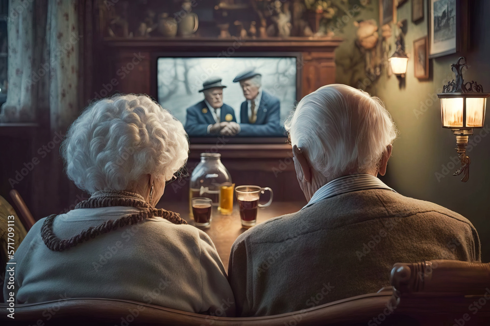 Ilustración de Stock Person watching tv, Old senior couple sitting in ...