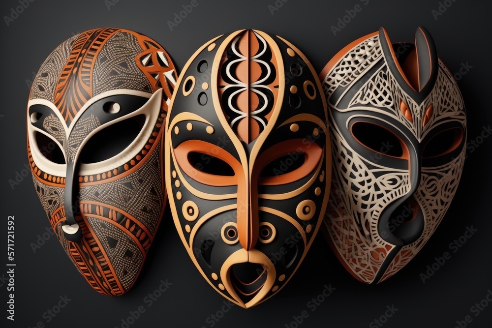 Wooden handmade Australian tribal masks in traditional patterns and ...