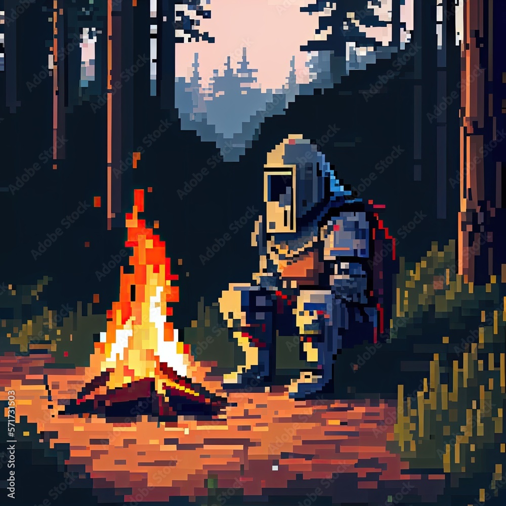 Pixel Art Knight Sitting Down by A Fire in the woods/forest, Concept ...