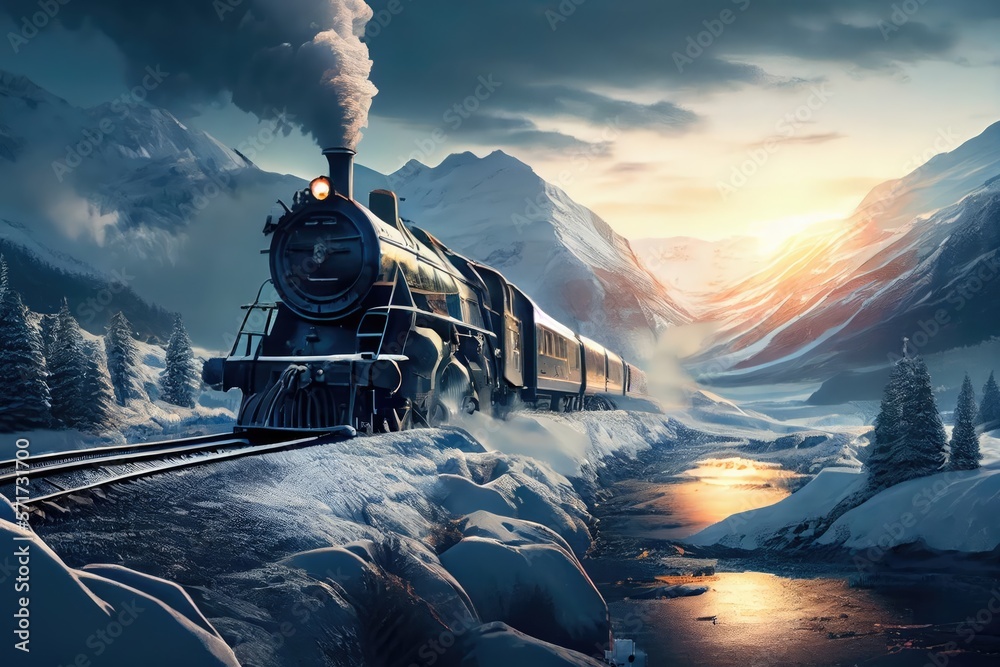 Stock-Illustration „Snowy mountains with a steam locomotive train ...