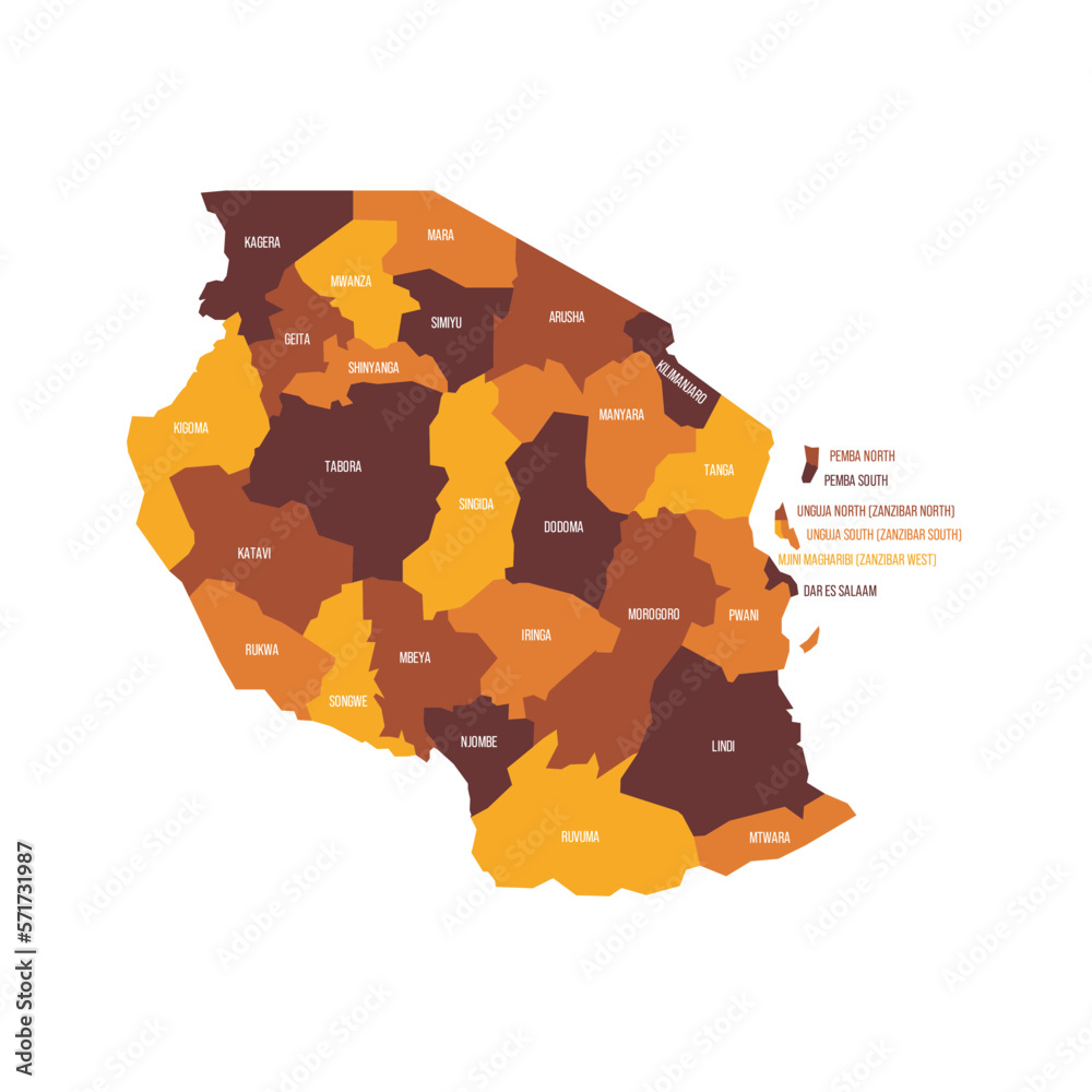 Tanzania political map of administrative divisions - regions. Flat ...