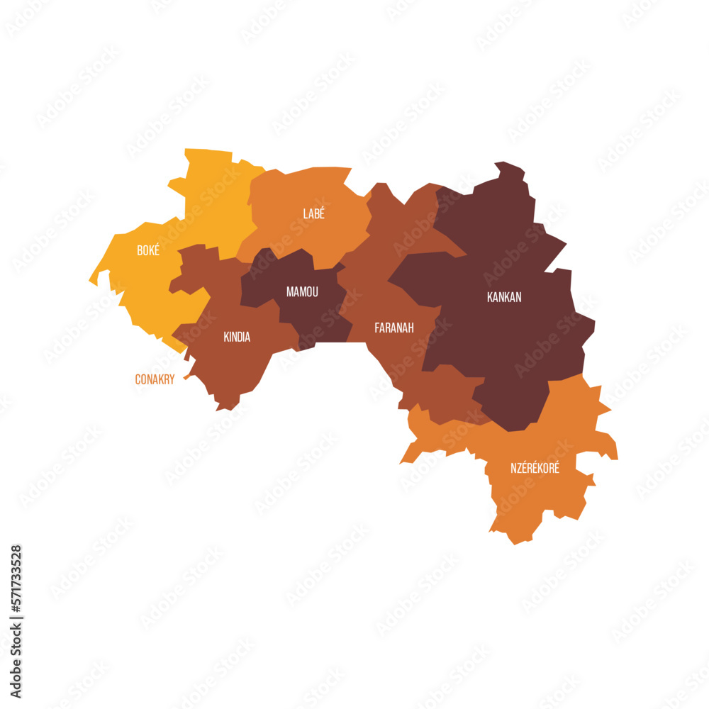 Guinea political map of administrative divisions - regions. Flat vector ...