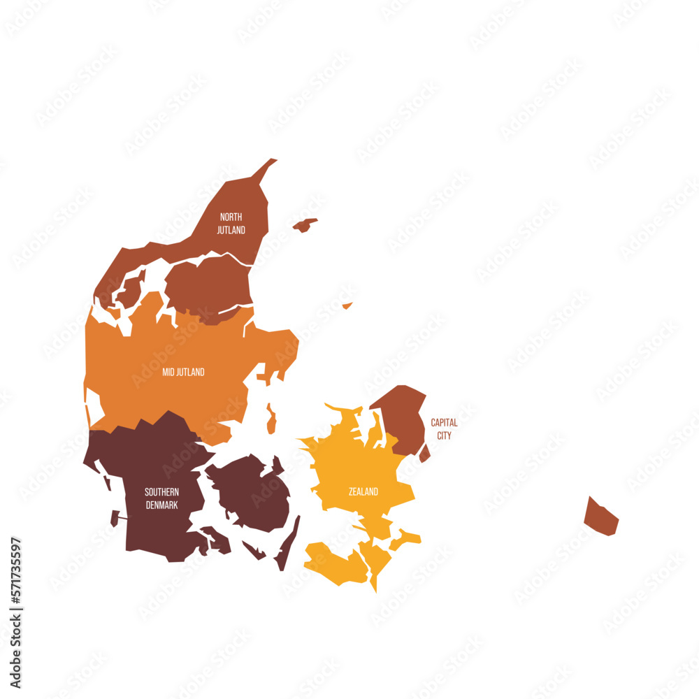 Denmark political map of administrative divisions - regions. Flat ...