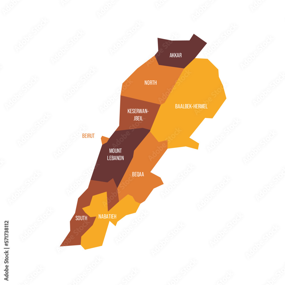 Lebanon political map of administrative divisions - governorates. Flat ...