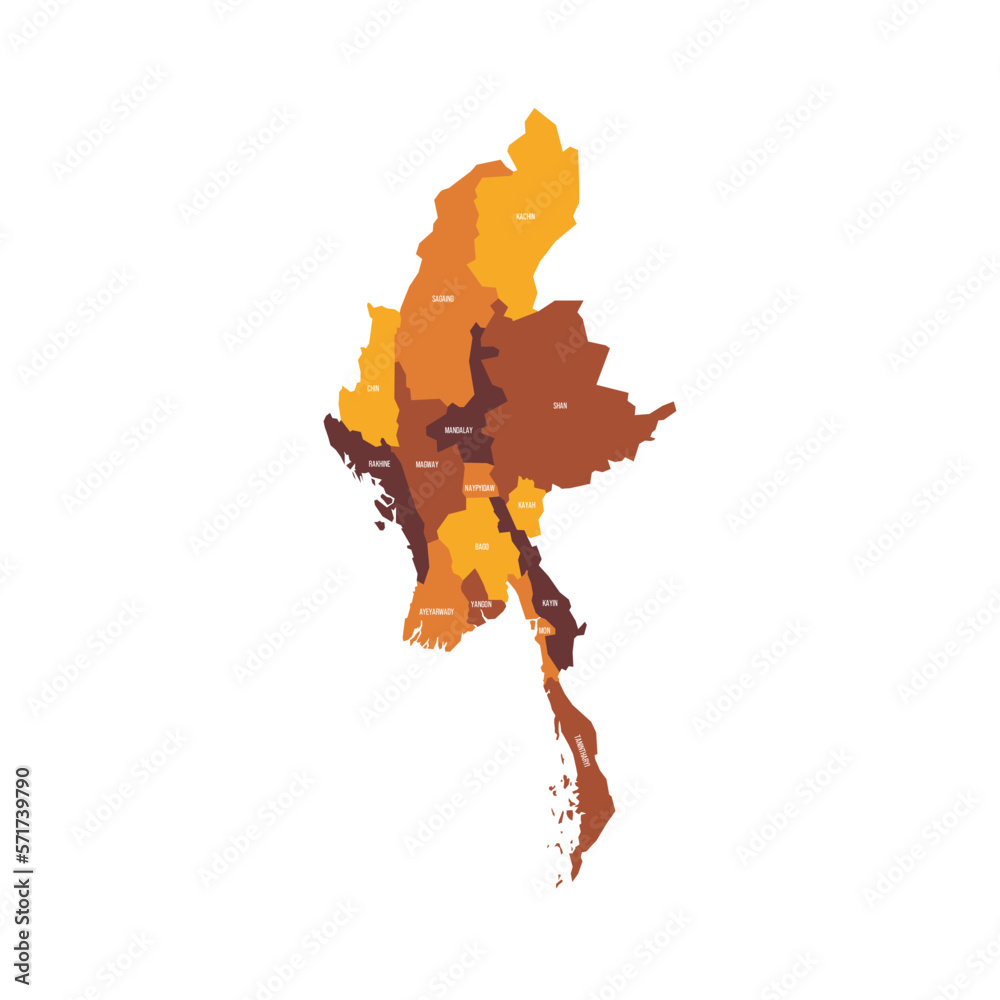Myanmar political map of administrative divisions - states, regions and ...