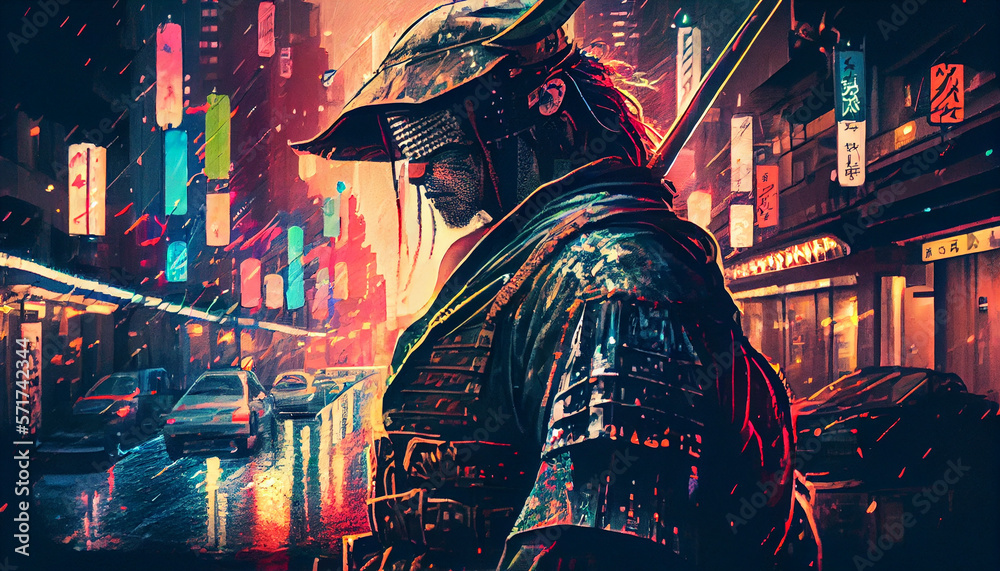samurai with a katana on the street of a modern Japanese city with neon ...