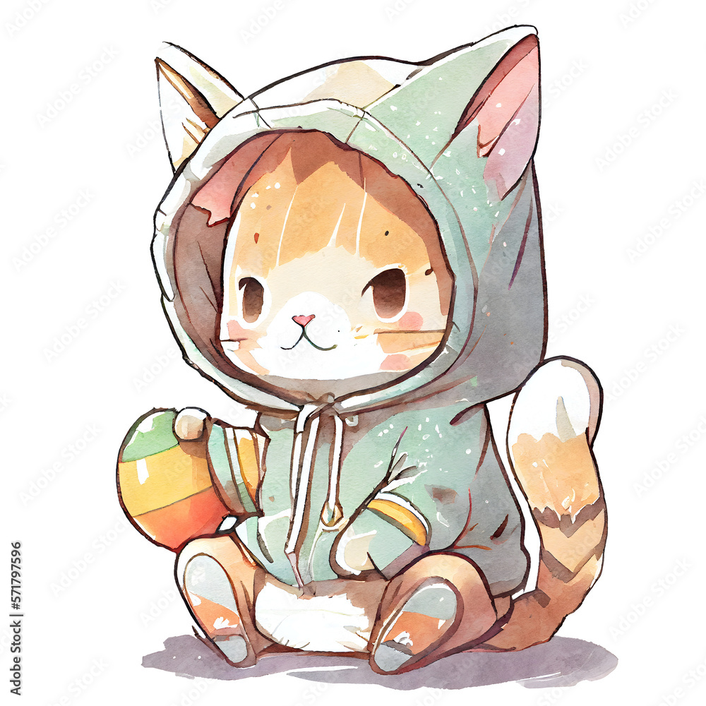 Cute Chibi Cat Wearing Hoodie watercolor Clipart PNG Stock Illustration ...