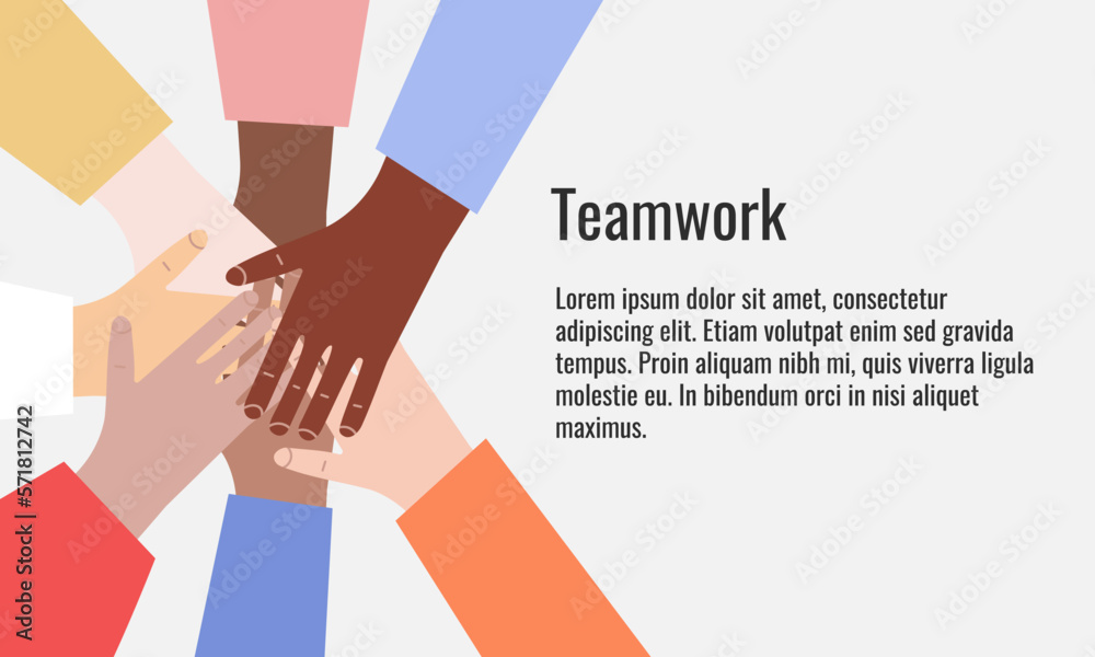Vetor Hands of diverse group of people putting together. Concept of community, support ...